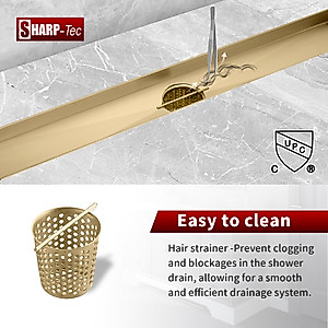 Sharp-tec Shower Drain, 32 inch Linear Shower Drain, Brushed 304 Stainless Steel Rectangular Shower Floor Drain with Adjustable Leveling Feet, Hair Strainer, cUPC Certified, ST-092-32G