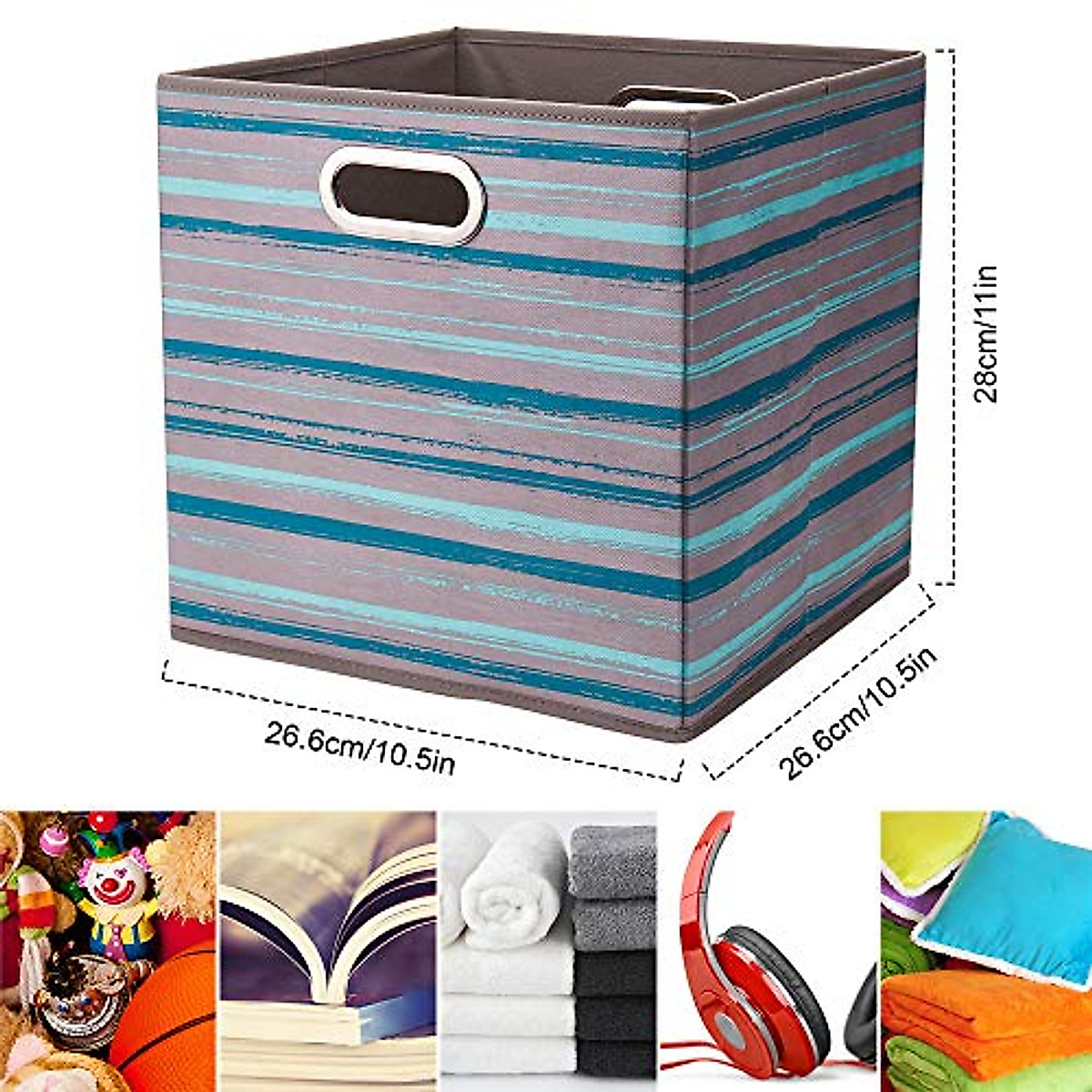 Teal Collapsible Cube Storage Bins 10.5x10.5 x 11 in Foldable Gray Fabric Organizer Bins Storage Cubes Cloth Storage Inserts Drawer Cube Storage Boxes Folding Beach Storage Baskets,QY-SC12-3