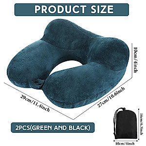 Sintuff 2 Pack Inflatable Travel Pillow for Airplanes Inflatable Neck Flight Pillows with Compact Bag and Blindfold for Traveling, Airplane, Train, Car, Office(Peacock Green and Black)