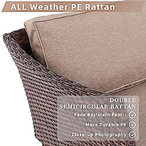 UDPATIO Outdoor Patio Furniture Sets, 7 Piece Outdoor Sectional Couch Wicker Patio Conversation Set PE Rattan Sofa w/Dining Coffee Table Washable Olefin Cushion & Pillow for Garden Balcony Yard Khaki