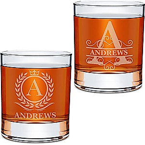 On The Rox Drinks Personalized Whiskey, Bourbon Glass Gifts for Men - 11 oz Engraved Name Monogram Scotch Glass Set of 2 - Customized Cocktail, Rocks, Brandy Glass