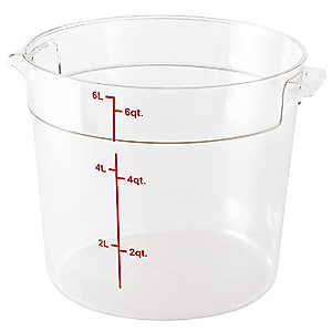 Restaurantware Met Lux 6 Quart Food Storage Container, 1 Round Commercial Storage Container - Lid Sold Separately, With Volume Markers, Clear Plastic Food Prep Bucket, Space-Saving Storage