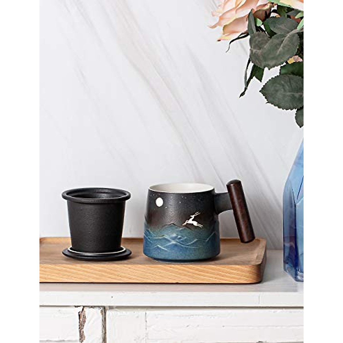 TANG PIN Moon Deer Ceramic Tea Mug with Infuser and Lid Coffee Mug with Strainer and Wooden Handle 14.5 OZ (Black&Blue)