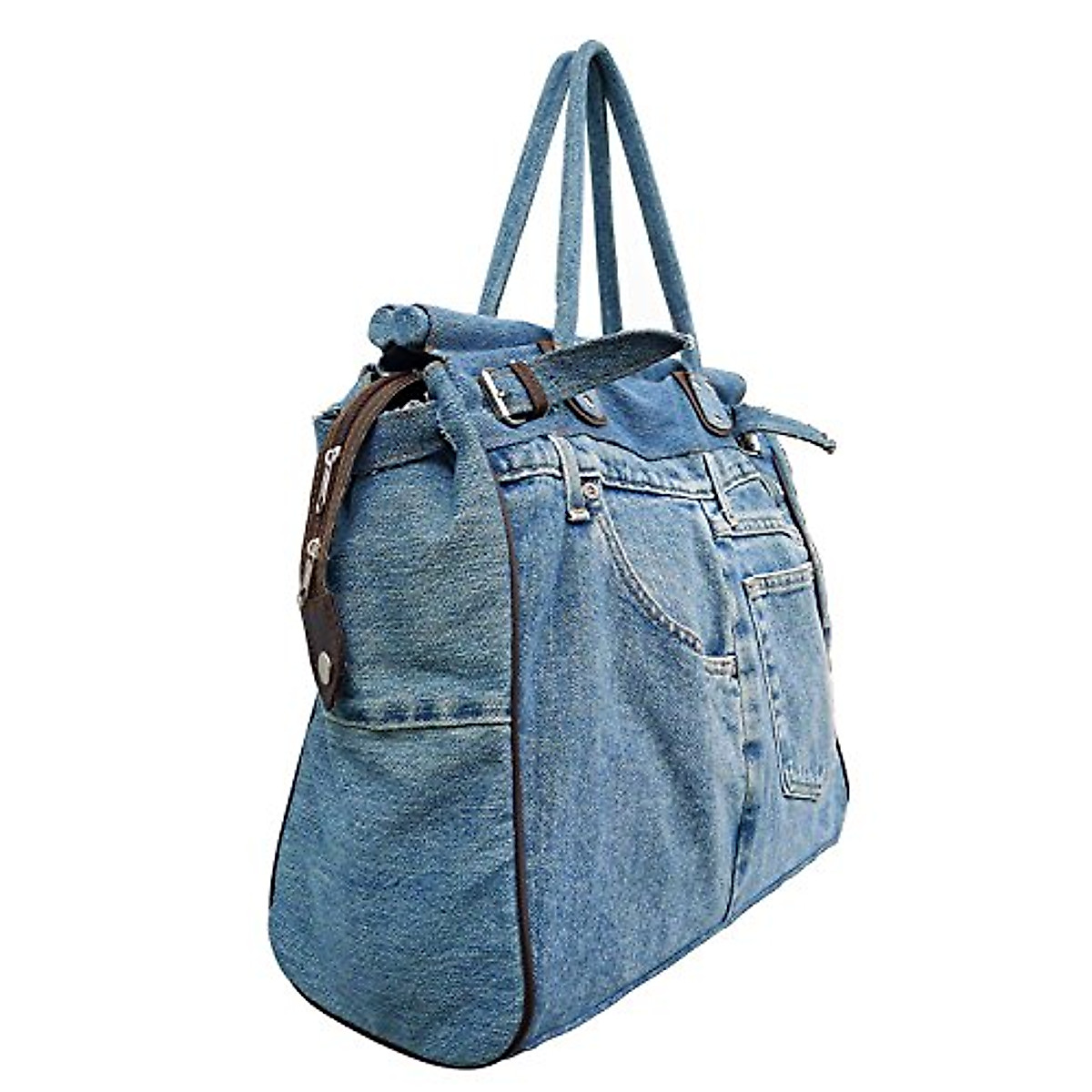 Bijoux De Ja X-Large Blue Denim Double Top Handle Tote Shopper Handbag Purse for women