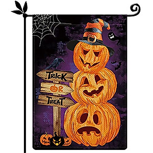 YOVOYOA Happy Halloween Trick or Treat Funny Garden Flag, Witch Hat Pumpkin Lantern Garden Flag, 12.5 x 18 Inch Small Double Sided Halloween Rustic Farmland Burlap Flag for Yard Lawn Outdoor Decor