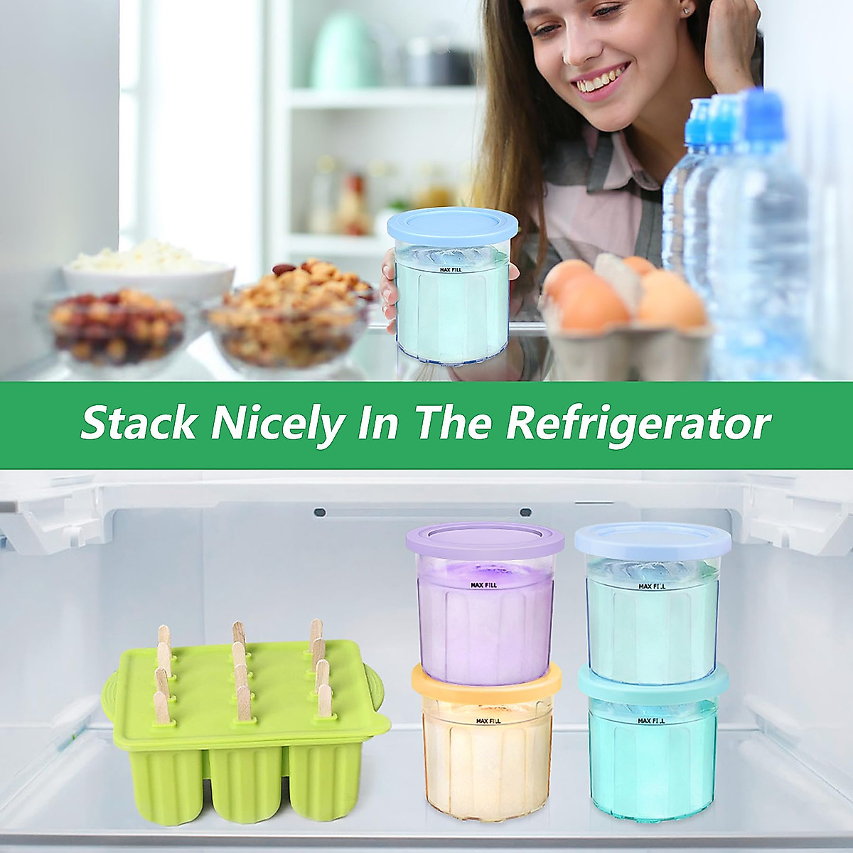 FENKOA Containers Replacement Ice Creami Pints and Lids, 16oz Containers Compatible with Ninja NC301 NC300 NC299AMZ Series Ice Cream Maker - BPA Free - Dishwasher Safe (Green,Blue,Purple,Yellow)