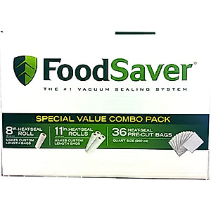FoodSaver B005SIQKR6 Special Value Vacuum Seal Combo Pack 1-8" 4-11" Rolls 36 Pre-Cut Bags, 1Pack, Clear