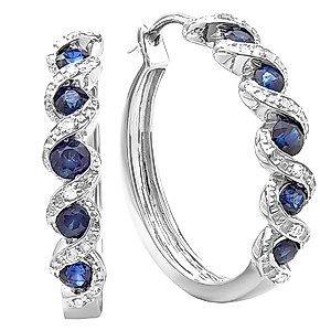 Dazzlingrock Collection Round Blue Sapphire & White Diamond Hoop Earrings | 925 Sterling Silver