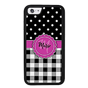 Black White Pink Plaid Polka Dots Personalized Black Rubber Phone Case Compatible with Apple iPhone 14 Pro Max, Pro, Max, iPhone 13 Pro Max Mini, 12 Pro Max Mini, 11 Pro Max X XS Max XR 8 7 Plus