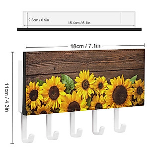 JAIDEN BEATA Cute Decorative Key Holder for Wall, Sunflower Wood Floral Print Retro Self Adhesive Key Rack Mail Organizer Wall Mount Hanging Key Holder Key Hanger for Kitchen Office Entryway Door