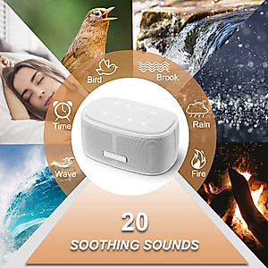 Portable White Noise Machine with 20 Natural Soothing Sounds|Memory Function|Adjustable Volume|AC or USB Rechargeable|3 Timer Sleep Sound Machine for Baby Kids Adults, Home, Travel, Office (White)