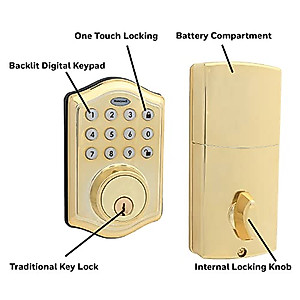 Honeywell Safes & Door Locks - Keyless Entry Door Lock with Smart Electronic Keypad Deadbolt - Easy Installation & 50 Different User Pin Codes - Auto Lock - Polished Brass - 2.9 x 2 x 6.2 in - 8712009