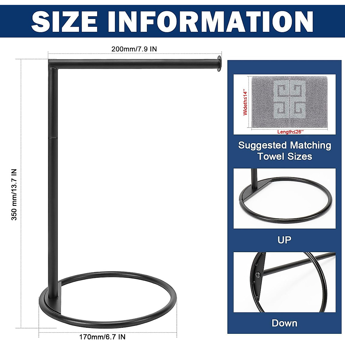 NearMoon Hand Towel Holder Stand, Thicken Metal L Shape Hand Towel Rack, Small Towel Ring Stand, Stable Free-Standing Towel Bar for Bathroom Kitchen Vanity Countertop, 8” L 12” H (Matte Black, 1 Pack)