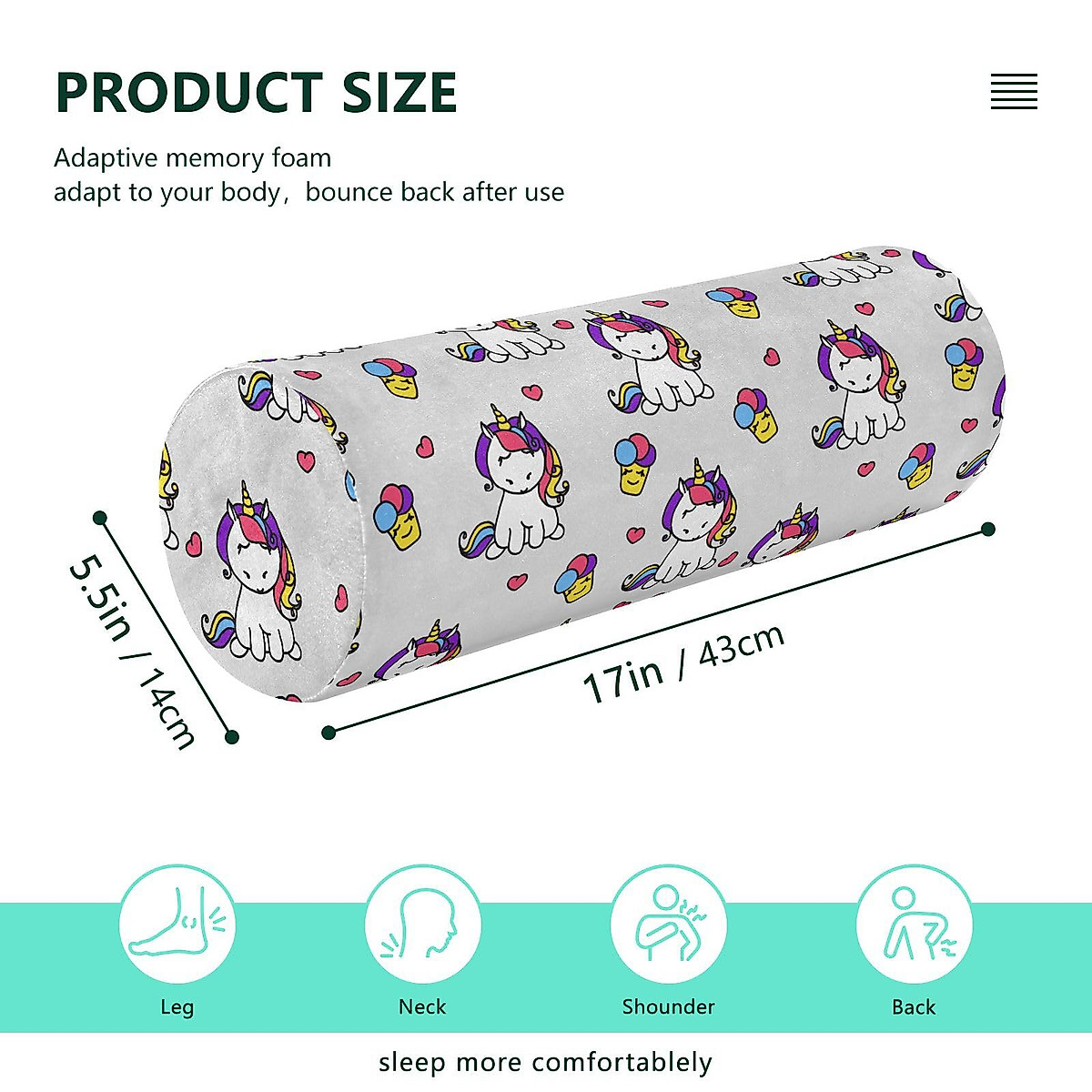 Vnurnrn Unicorns Neck Support Pillow Round Neck Roll Bolster Cylinder Pillow Cervical Pillows Body Pillow for Leg Knee Back Head Support for Work Women Men Traveling Headrest