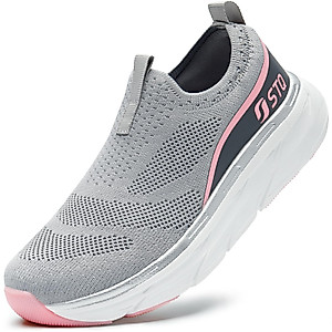 STQ Slip on Sneakers Women Cushioned Walking Shoes Arch Support Orthopedic Shoes Supportive Comfortable Grey Pink 8 US