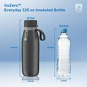 PHILIPS Filtered Water Bottle, Insulated Stainless Steel Water Purifier Bottle for Daily Life & Travel, BPA Free with GoZero Everyday Filter for Cleaner & Tastier Tap Water, Keeps Cold, 32 oz Gray