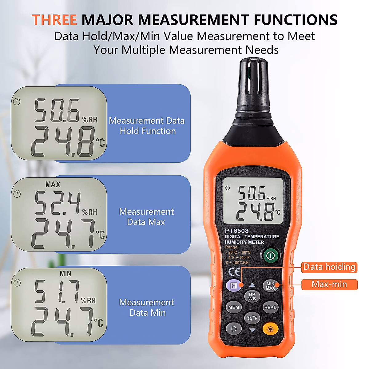 BROAIMX Digital Psychrometer Thermo-Hygrometer with Backlight, PT6508 Temperature and Humidity Meter Thermometer Hygrometer with Dew Point and Wet Bulb Temperature, 4*AAA Batteries Included