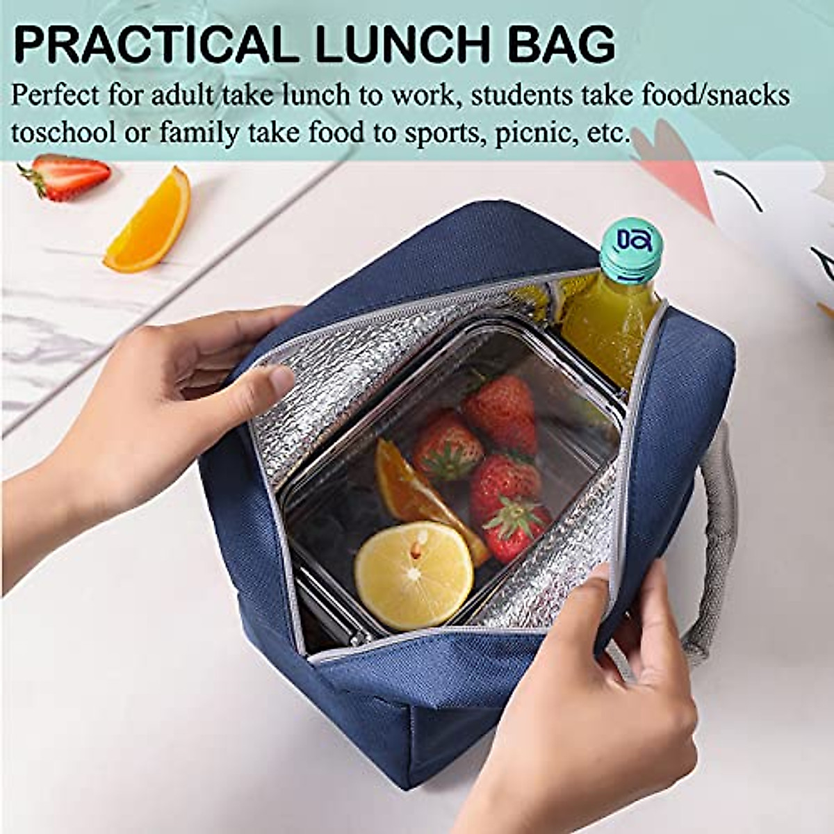 Mziart Cute Lunch Bags for Women, Cartoon Thermal Lunch Tote Bag Lunch Box Containers Cooler for Adult Boys Girls School Picnic Travel (Navy Blue Cat)