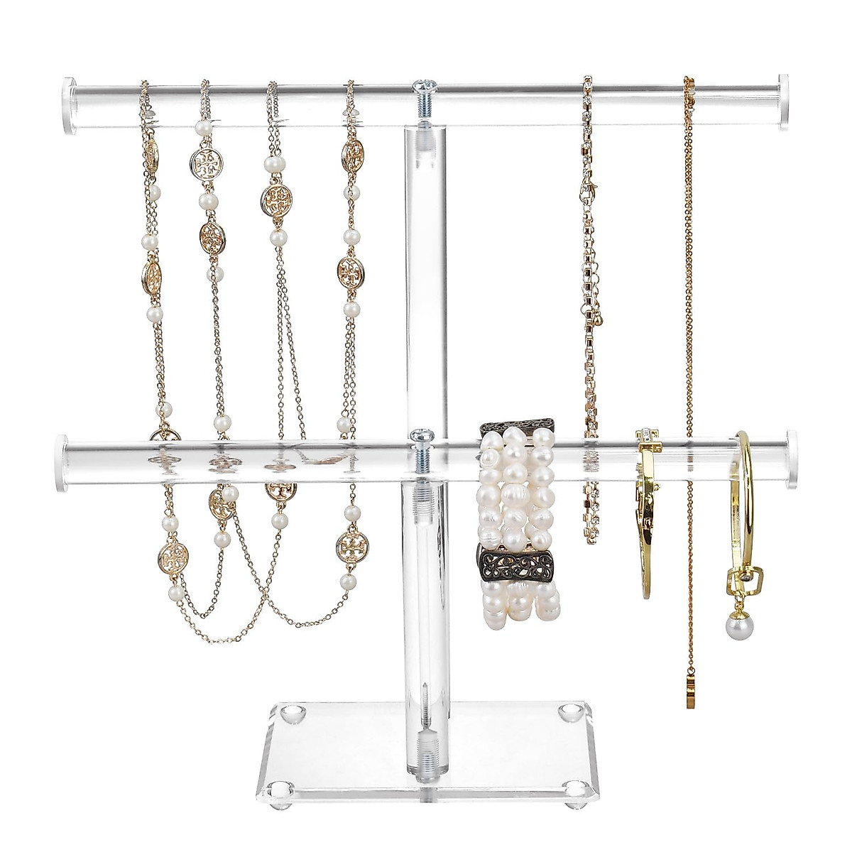 MOOCA Deluxe Clear Acrylic Jewelry Organizer, 2 Tier T-Bar Bracelet Holder, Acrylic Necklace Holder, Jewelry Holder, Jewelry Organizer Stand, Premium Quality with Enhanced Transparency