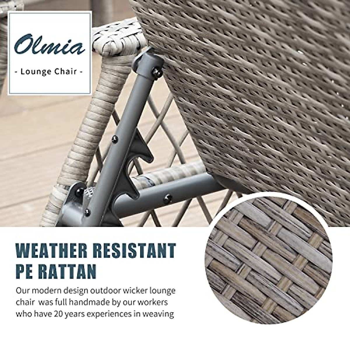 Olmia Chase Lounge Chair Outdoor Set of 3 with Glass Table, 3 Piece Outdoor Chaise Lounge Wicker Rattan Patio Lounger Chairs 5 Position with Cushions,Retractable Foot-Rest - Steel Frame