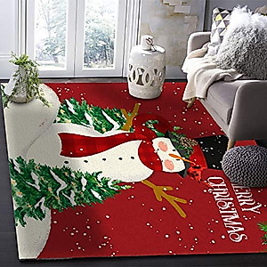 Indoor Area Rug - Welcome Mat Living Room Area Rugs Washable Non-Slip Floor Carpet for Bedroom Farmhouse Dorm (Merry Christmas Snowman Xmas Tree Red, 2'x3')