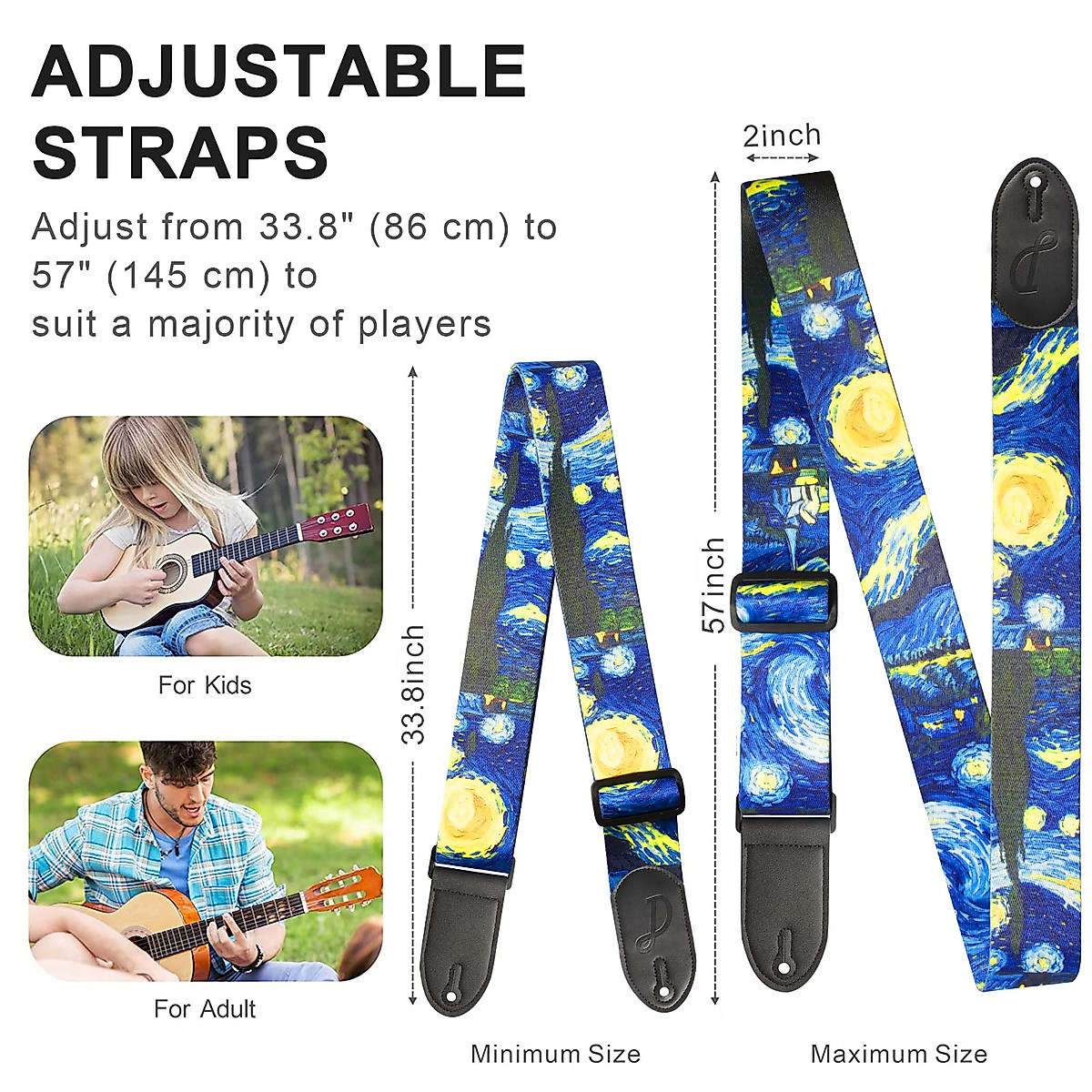 Dulphee Guitar Strap, W/Free 2 Locks & 1 Button, Ultra Comfortable Shoulder Straps for Bass, Electric & Acoustic Guitars (Van Gogh Starry Night)