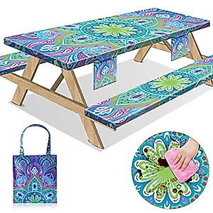 Sotue Picnic Table Cover with Bench Covers 3 Piece Set Elastic Fitted Rectangle Tablecloths Camp Tables Seat Cloth Polyester Oilcloth Vinyl Clothes for Outdoor Waterproof Camping 72x30 Inch Green