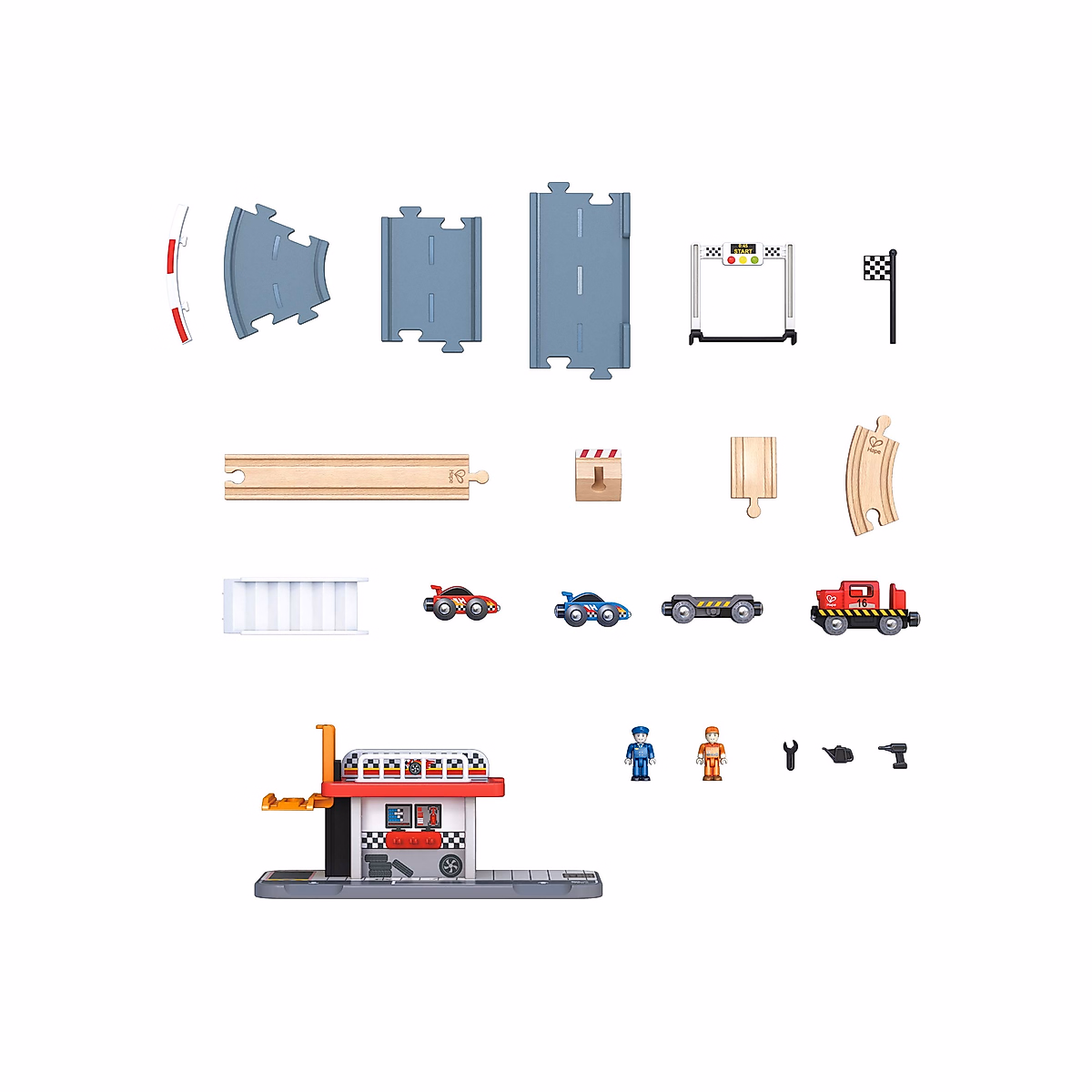 Hape Race Track Station Wooden Realistic Kids Race Track Toy with Two Race Cars, Carriages & Repair Station L: 25.2, W: 4.7, H: 23.6 inch