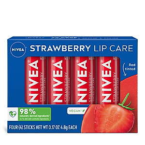 NIVEA Strawberry Lip Care, Tinted Lip Balm Pack with Shea Butter, Nourishing Oils and Vitamin C & E, 3-in-1 Moisture, Repair and Color, 0.17 Oz Stick, Pack of 4