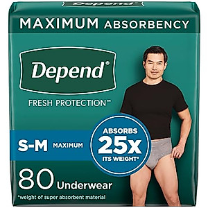 Depend Fresh Protection Adult Incontinence Underwear for Men, Disposable, Maximum, Small/Medium, Grey, 80 Count (2 Packs of 40), Packaging May Vary