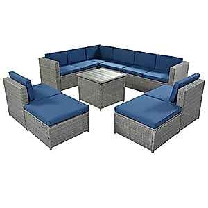 9 Piece Rattan Sectional Seating Group with Cushions and Ottoman, Patio Furniture Sets, Outdoor Wicker Sectional, Grey Ratten+Blue Cushions
