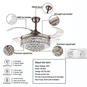 Modern Dimmable Fandelier Crystal Ceiling Fan with Lights and Remote Invisible Retractable Chandelier Fan Light LED Lighting-Polished Chrome 36 inch…