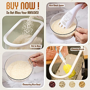 Singhoow 2 Pcs 11lbs Rice Storage Container Large Rice Dispenser with Time Scale Cereal Dry Food Dispenser Rice Holder with Rice Washing Spoon and Cleaning Brush for Kitchen, Clear and Ivory White