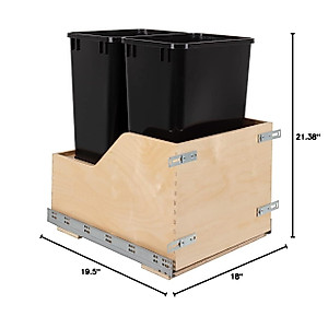 Double 50 Quart Wood Bottom-Mount Soft-Close Trashcan Pullout for Door Mounting, Includes Two Black Cans