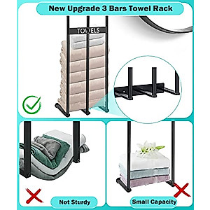 KOCWELL Towel Racks for Bathroom Wall Mounted, 3 Bar Bathroom Towel Holder with Extra 4 Suction Cups and 5 Hooks, Bathroom Towel Storage, Metal Bath Towel Holder for Large Towel Washcloths, Black