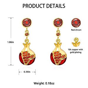 SISMIURRA Pomegranate Dangle Earrings 18K Gold Plated with Red AAAAA Sparkling Cubic Zirconia Fruit Drop Earrings Birthday Gift for Women