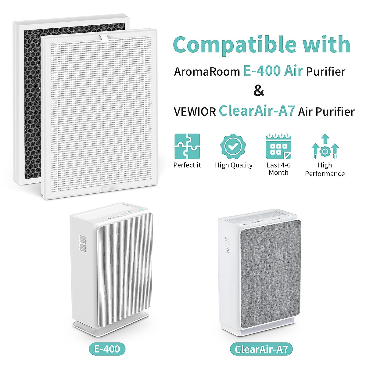 𝟐 𝐏𝐚𝐜𝐤 E-400 Air Filter ＆ ClearAir-A7 Filter Compatible With AromaRoom E-400 H14 Air-Purifier ＆ VEWIOR ClearAir-A7 H14 True HEPA Air Purifier, 3-Stage True Hepa With Efficiency Activated Carbon