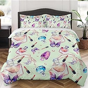 Duvet Cover Queen Size, Butterfly Geometric Makeup Red Bedding Set with Zipper Closure for Kids and Adults, Perfume Lipstick Watercolor Comforter Cover with 2 Pillow Shams for Bedroom Bed Decor