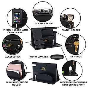 Wood Phone Docking Station Key Holder Wallet Stand Watch Organizer for Men Husband Dad - Anniversary Birthday Father Black Walnut