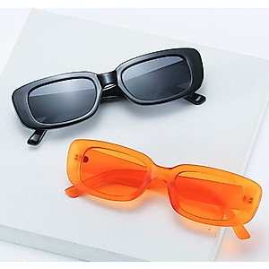 IKANOO Retro Rectangle Sunglasses for Women Men Small Square Frame Trendy Y2K 90’s Black Sunglasses (Orange)