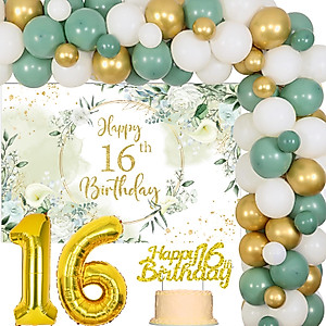 Sage Green Sweet 16 Birthday Decorations - Sage Green and Gold Balloon Garland Arch Kit with Happy 16th Birthday Backdrop, Cake Topper, Foil Balloon, Sweet 16 Birthday Decorations for Girls