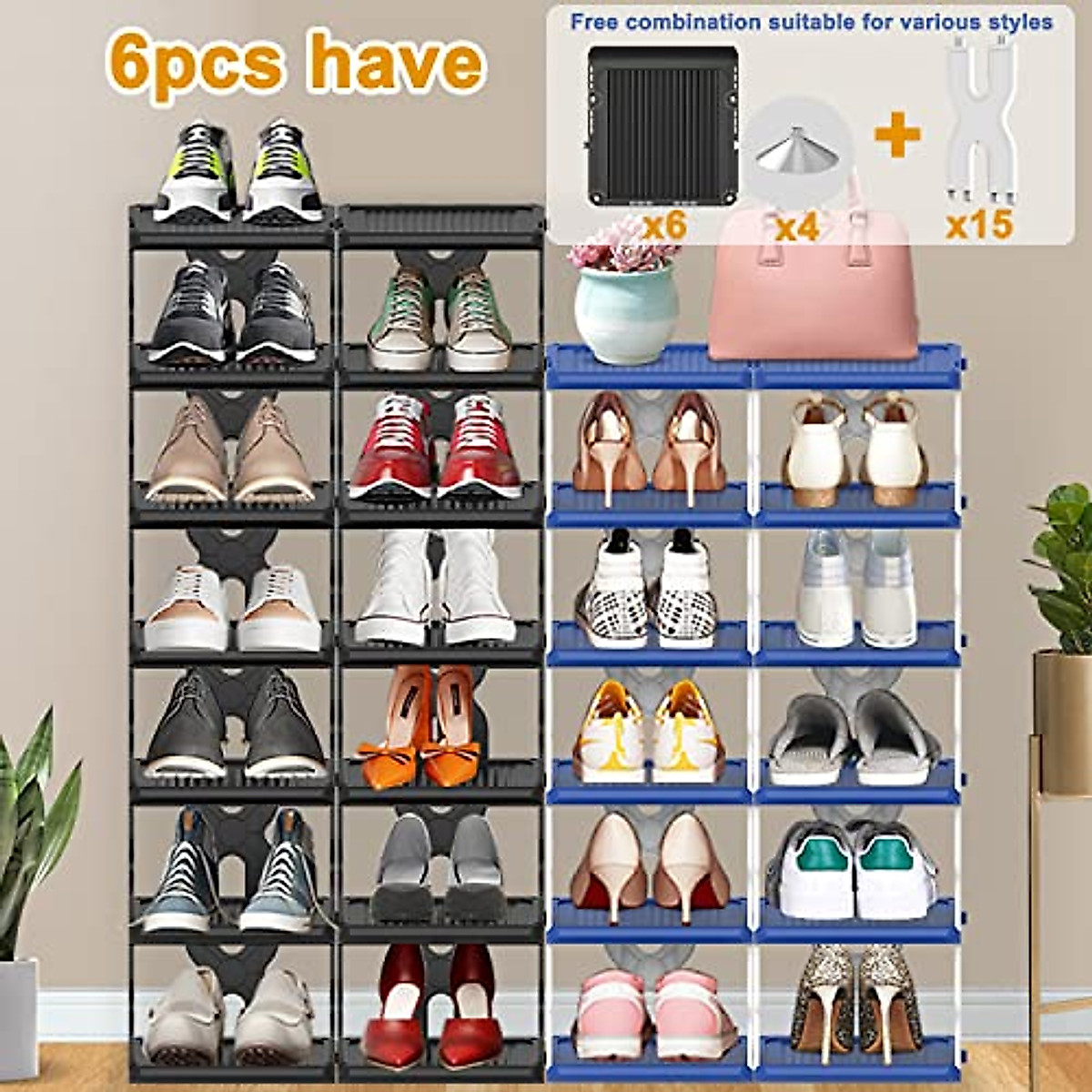 uapryti Shoe Rack Organizer - Free Standing Shoe Racks for Closets Entryway,Free Combination Shoe Storage (White+Black, 6-Tier)
