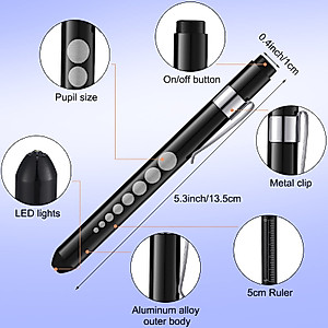 Mudder 6 Pieces Pen Light Included Batteries Reusable LED Penlight Pupil Gauge Warm Light Pen Reusable Penlights for Home Care Daily Care, (Black, Red, Blue, Purple, Gold and Silver)