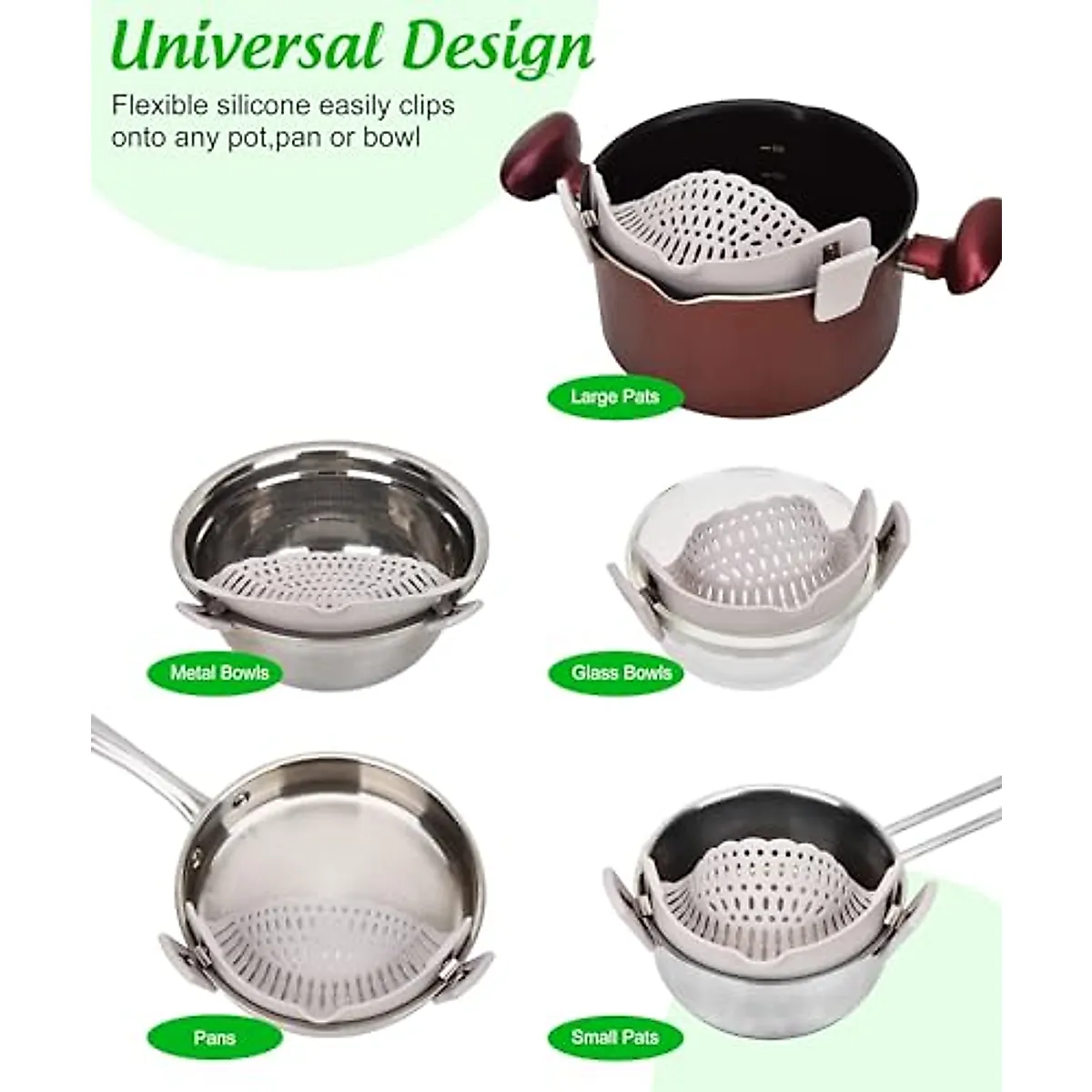 SUNWUKIN Strain Pot Strainer and Pasta Strainer - Adjustable Silicone Clip On Food Strainers for Pots, Pans, and Bowls - Kitchen Drainer Colander