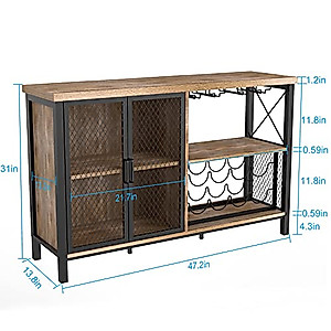 Bar Cabinet Industrial Wine Organizer with Wave-Shaped Wine Glass Rack Mesh Door Adjustable Inner Board Multi-Function Floor Liquor Cabinet Bar for Home Farmhouse Living Room