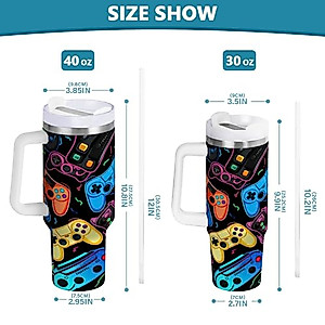 Jihqo Colorful Video Game Controllers 40 oz Stainless Steel Vacuum Insulated Tumbler with Handle and Straw Lid, Leakproof Water Bottle Double Wall Travel Mug Coffee Cup, Cupholder Friendly