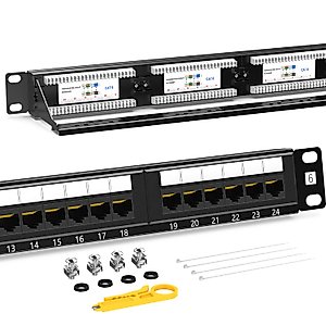 AMPCOM Premium Series CAT6 24 Ports Patch Panel, Rack Mount - 1U, 19 inch, RJ45 Ethernet 568A 568B, 15u Gold Plated, with Rear Cable Support Bar