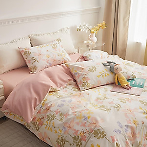 HighBuy Boho Floral Duvet Cover King,Soft Cotton Aesthetic Pink Floral King Comforter Cover,Lightweight Soft Garden Style Bedding Set King Duvet Cover Set Zipper Closure Breathable King