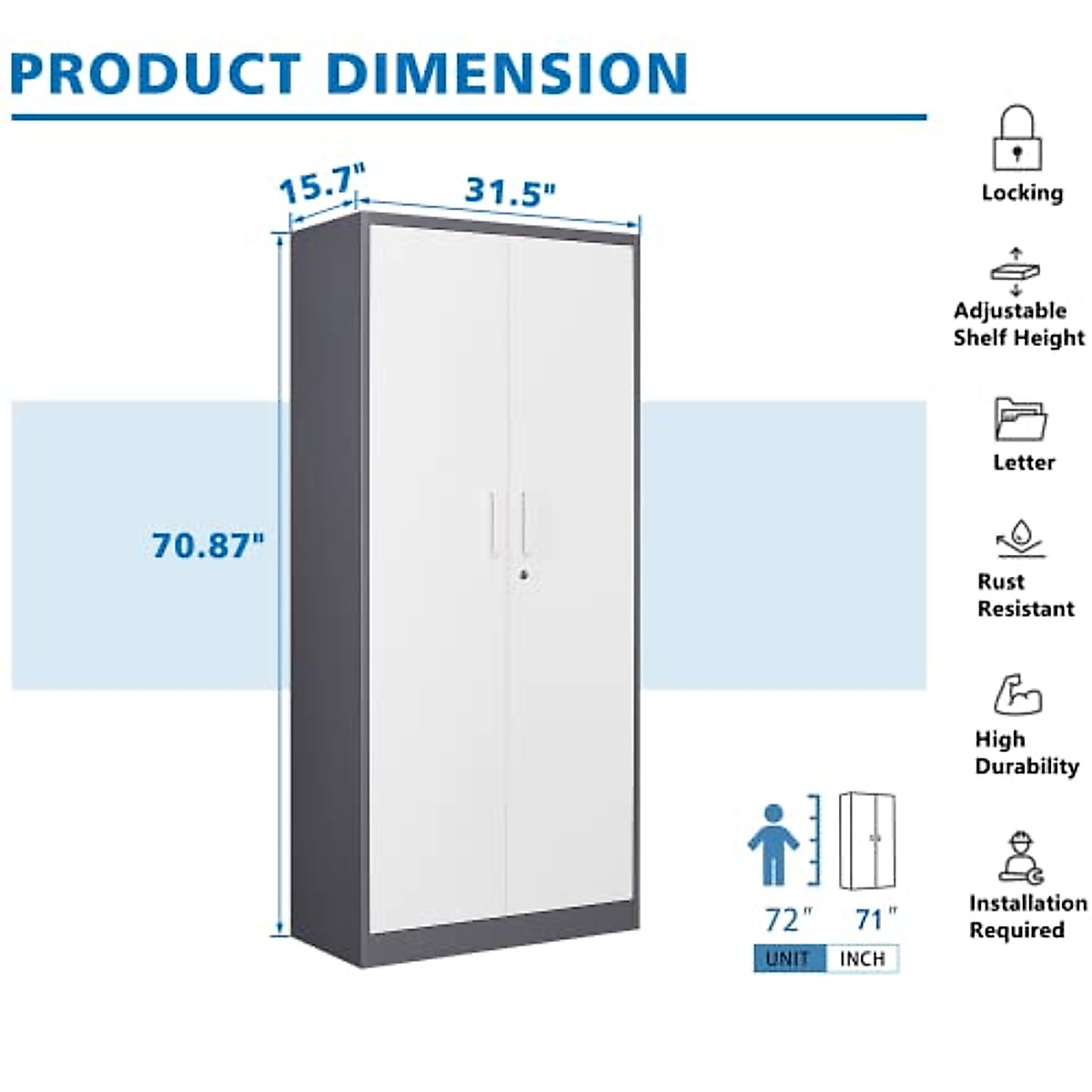 BYNSOE Metal Storage Cabinet Steel Locker Cabinets with Locking Door and 4 Adjustable Shelves, Steel Classic Storage Cabinet for Home, School, Office, Garage (Grey White)