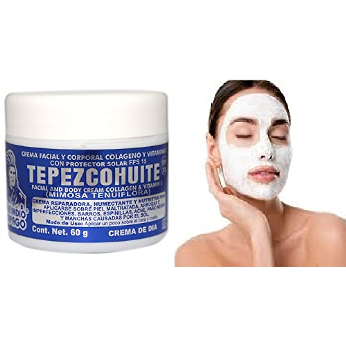 DEL INDIO PAPAGO Facial Day Skin Cream with Tepezcohuite 60g Small - Corporal Colageno Y Vitamina E - Hydrates the Skin